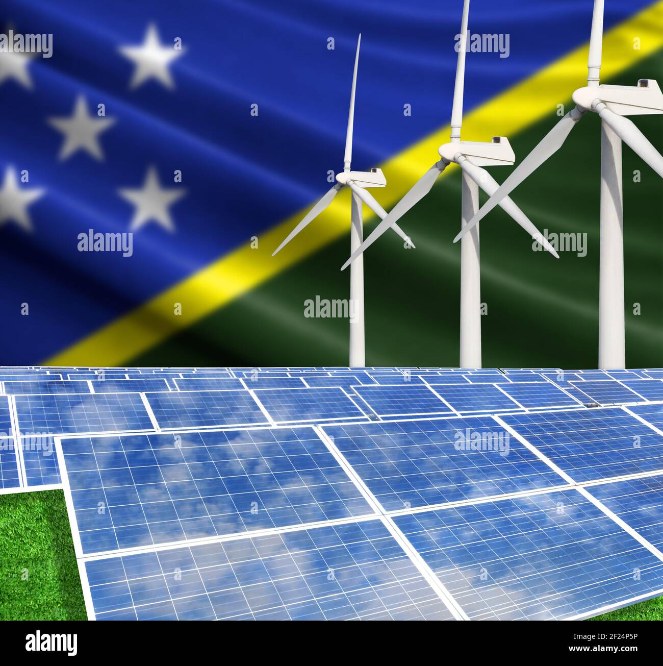 Solar panels on the background with the flag of Solomon Islands and ...