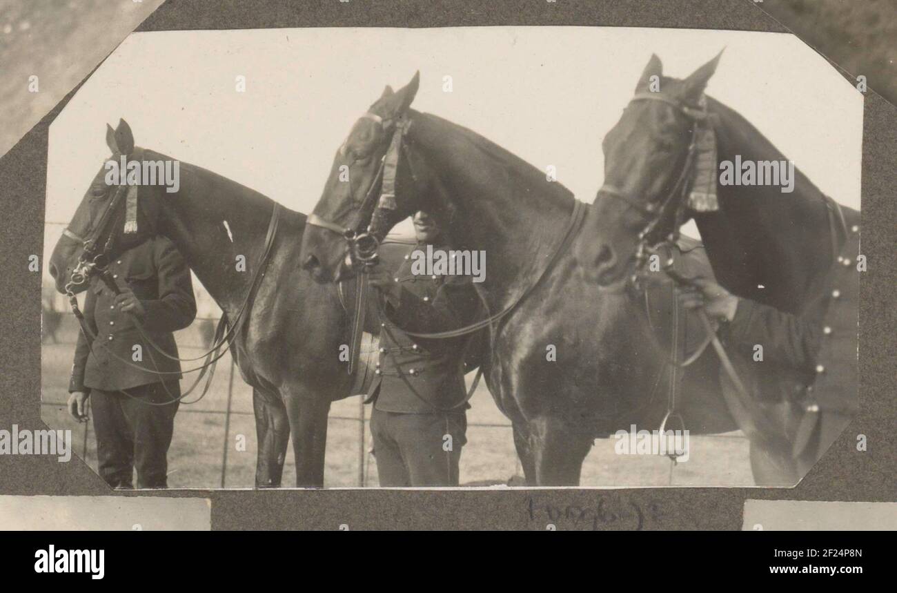 Equestrian scene on Royal wood fortress Het Loo: Three sadded horses ...