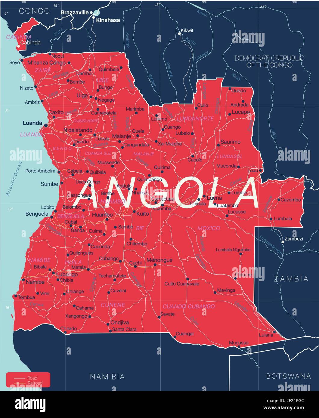 Angola country detailed editable map with regions cities and towns ...