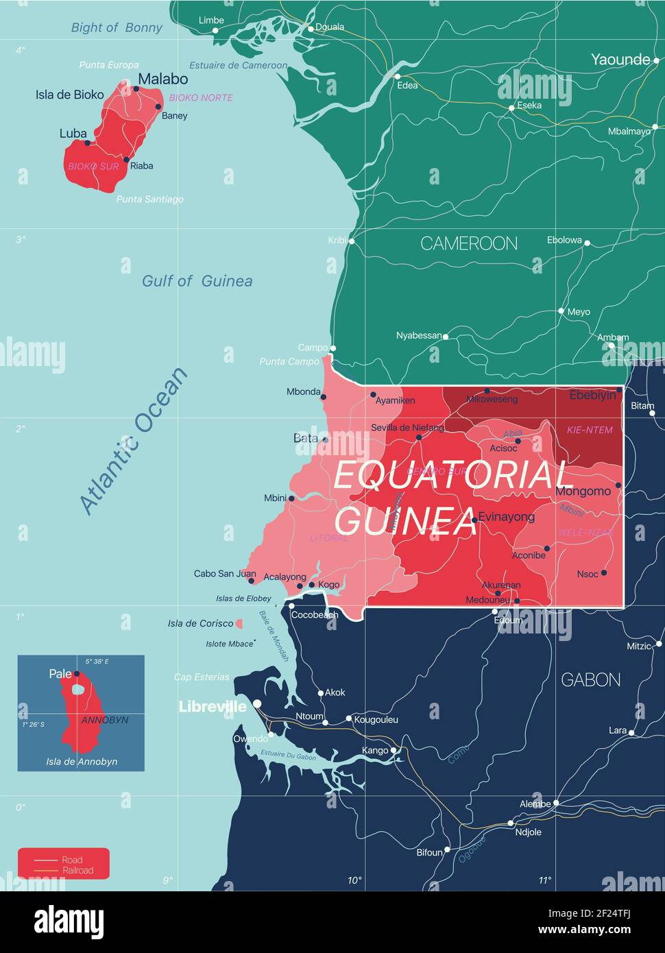 Equatorial Guinea country detailed editable map with regions cities and towns, roads and ...