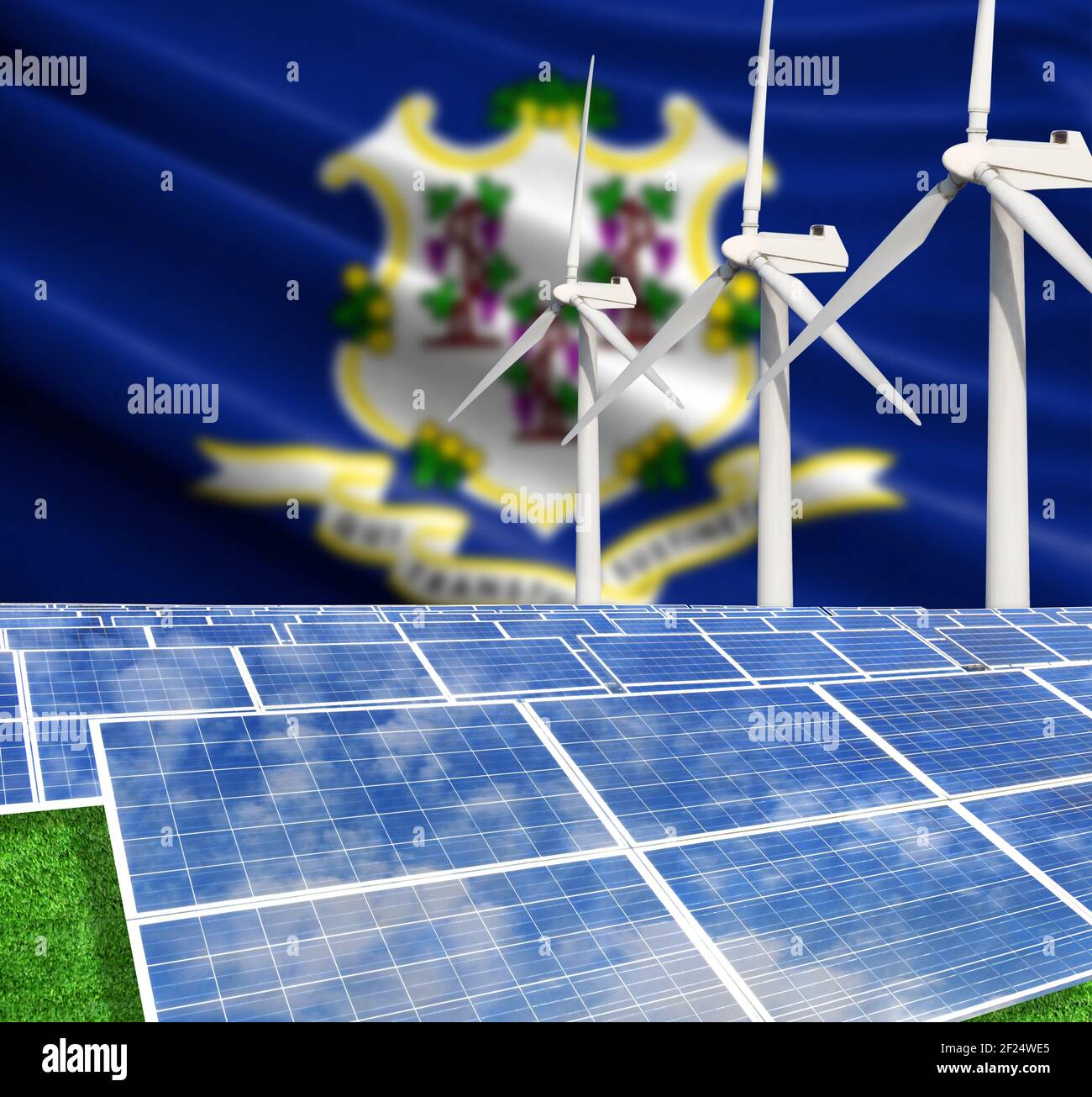 Solar panels on the background with the flag State of Connecticut and ...