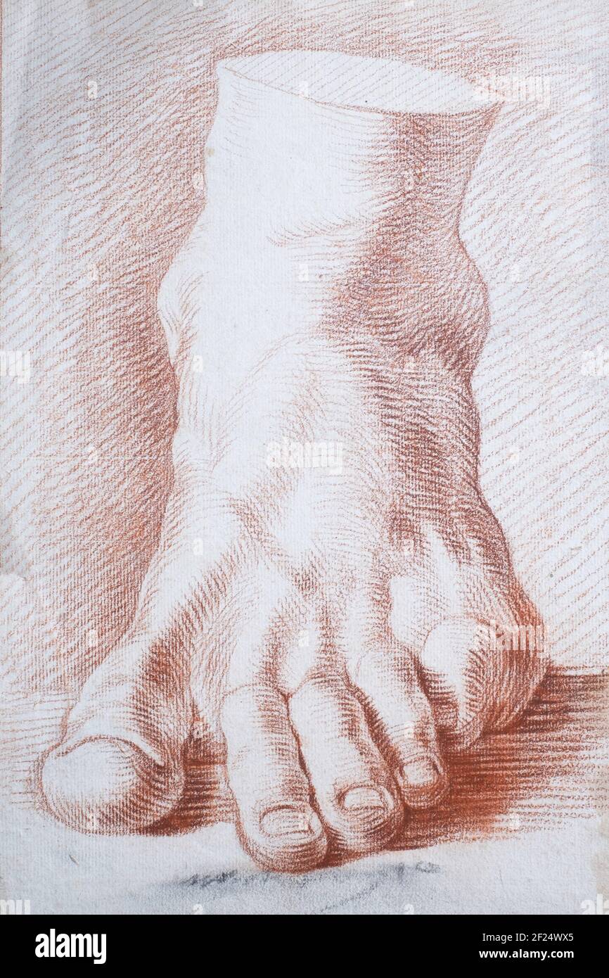 Foot study in red chalk on paper, 19th century illustration to teach ...