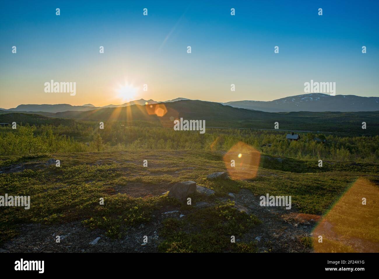 Wide panorama landscape of Midnight sun in Northern Europe, Sweden ...