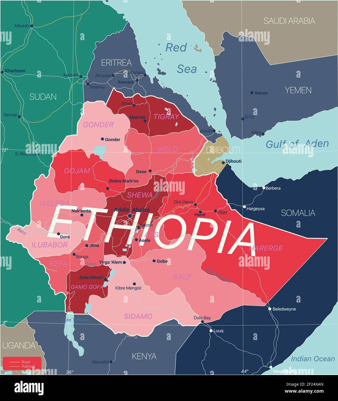Ethiopia country detailed editable map with regions cities and towns ...