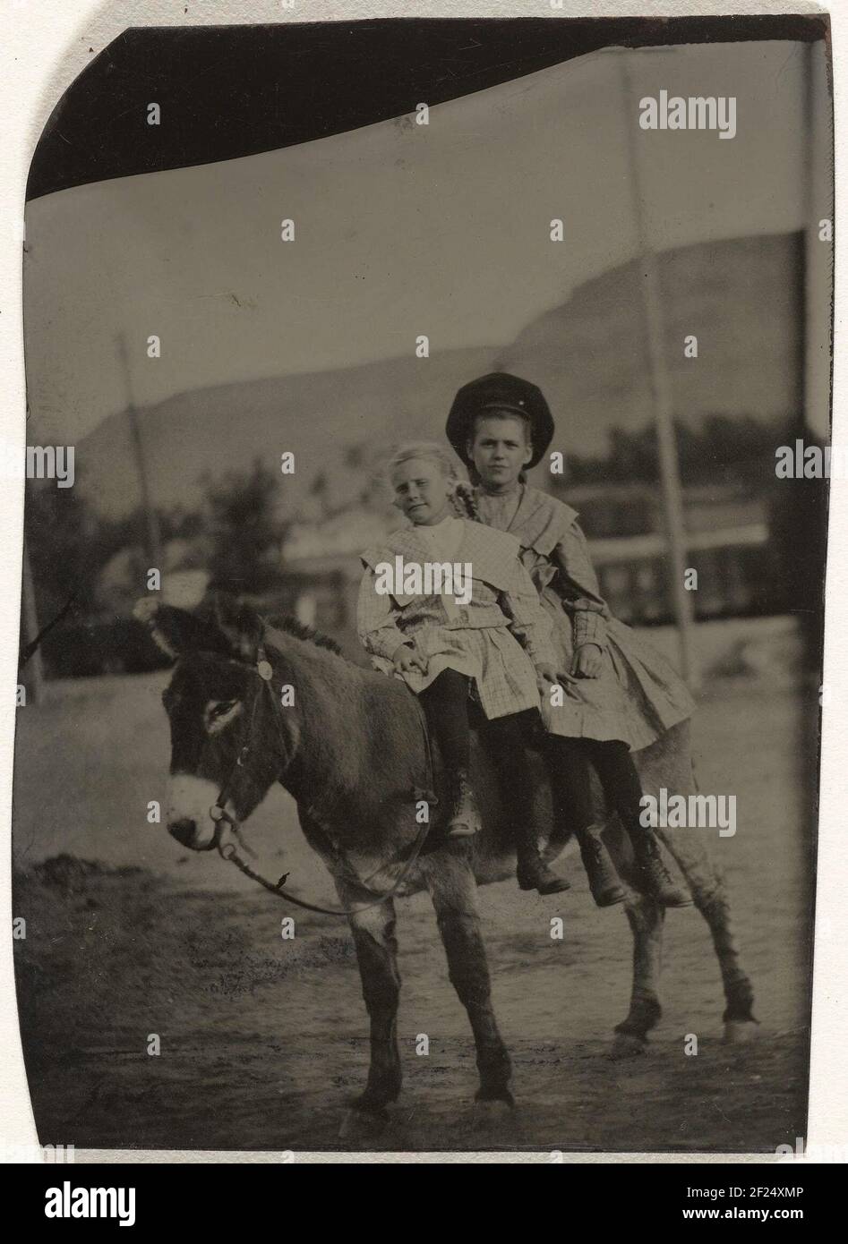 Two children on a donkey Stock Photo - Alamy
