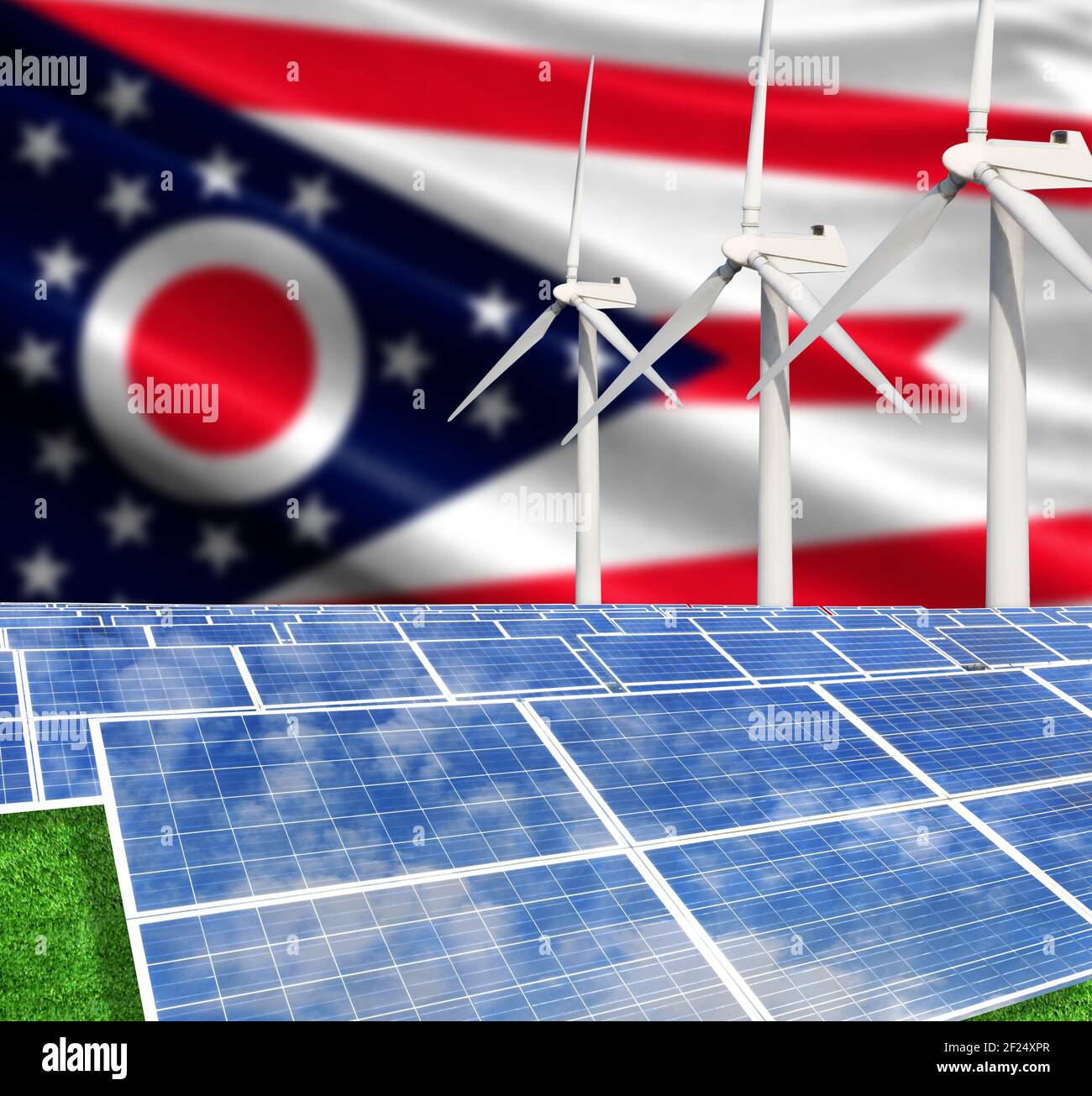 Solar panels on the background with the flag State of Ohio and Wind ...