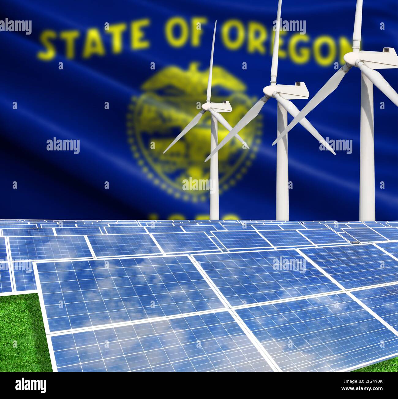 Solar panels on the background with the flag State of Oregon and Wind ...