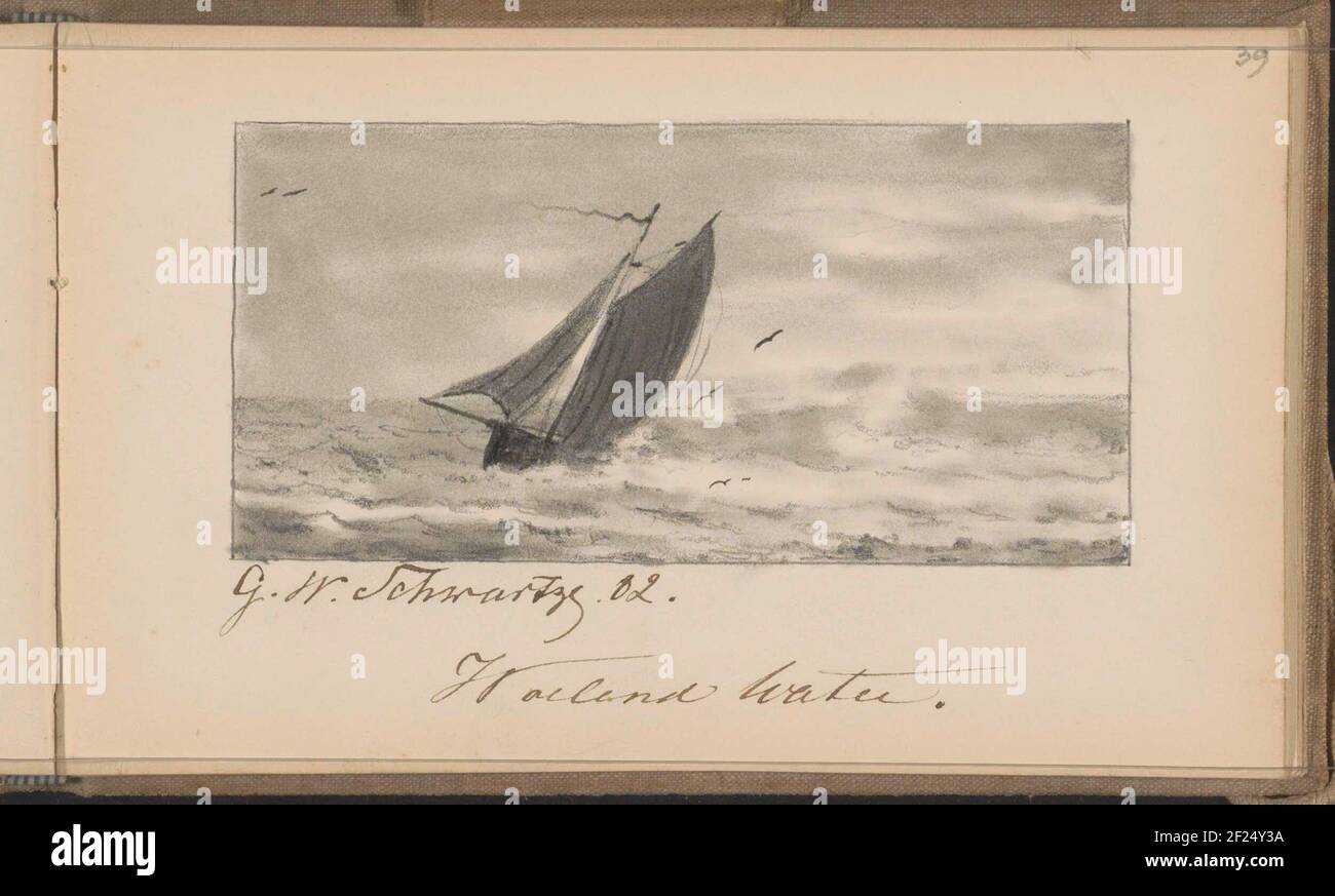 Sailing ship on whirling water; Wheeling water..Drawing in a frame ...