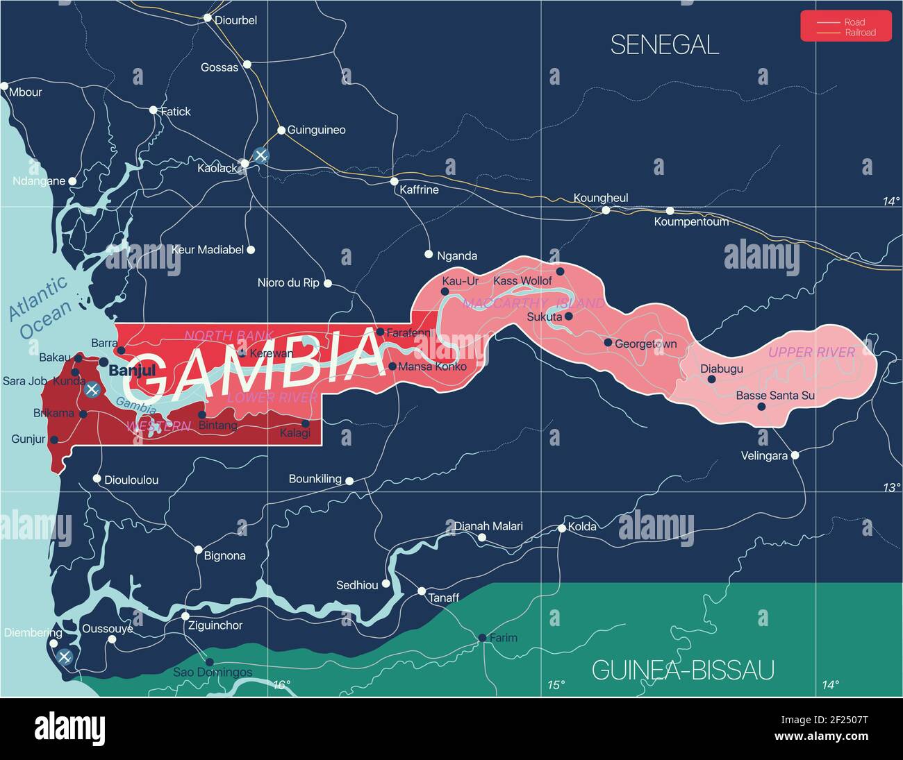 Gambia country detailed editable map with regions cities and towns ...