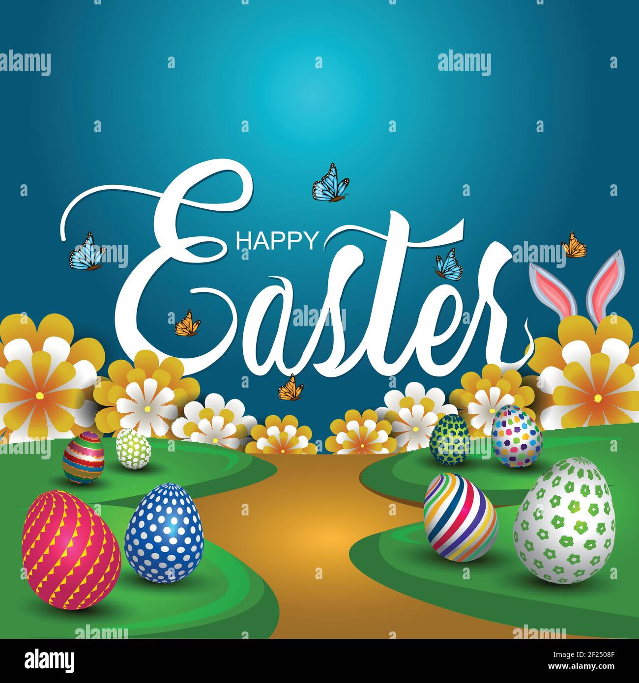 happy Easter greetings. Easter garden with colorful eggs and flowers ...