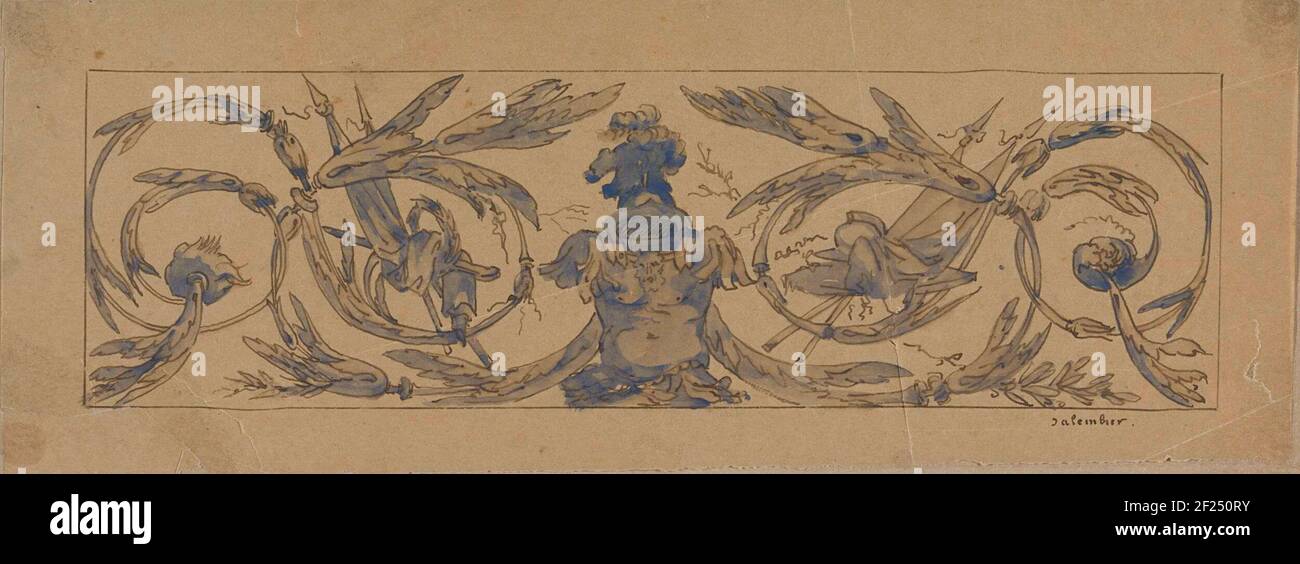 Rectangular field with symmetrical leaf raft with banners, weapons and ...