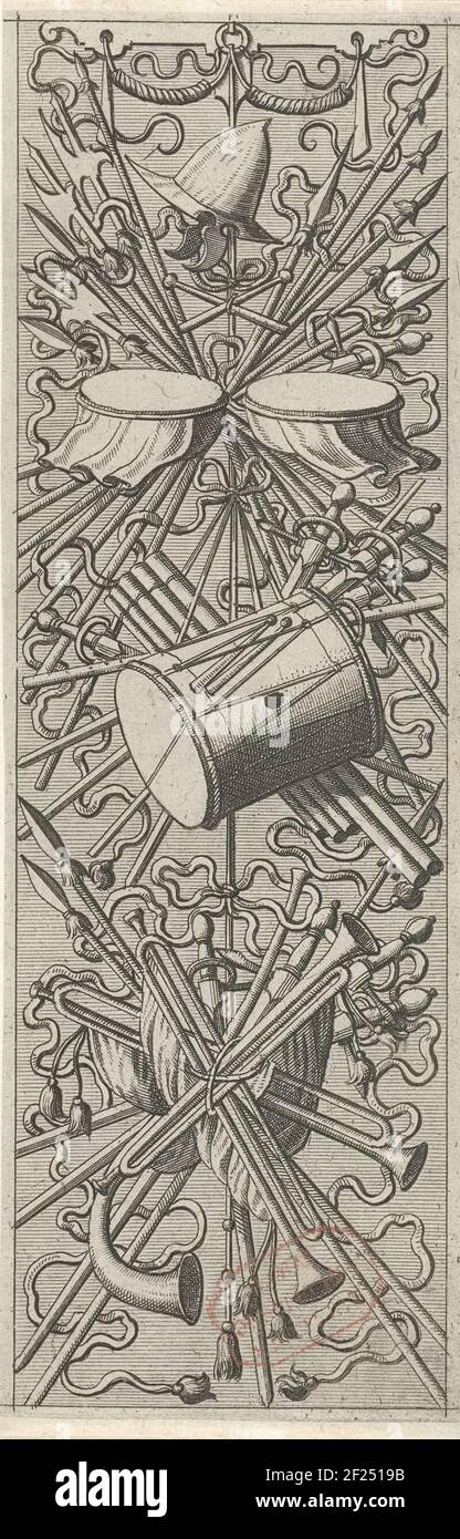 Trophy with a helmet, drums, stitch weapons and wind instruments. From ...