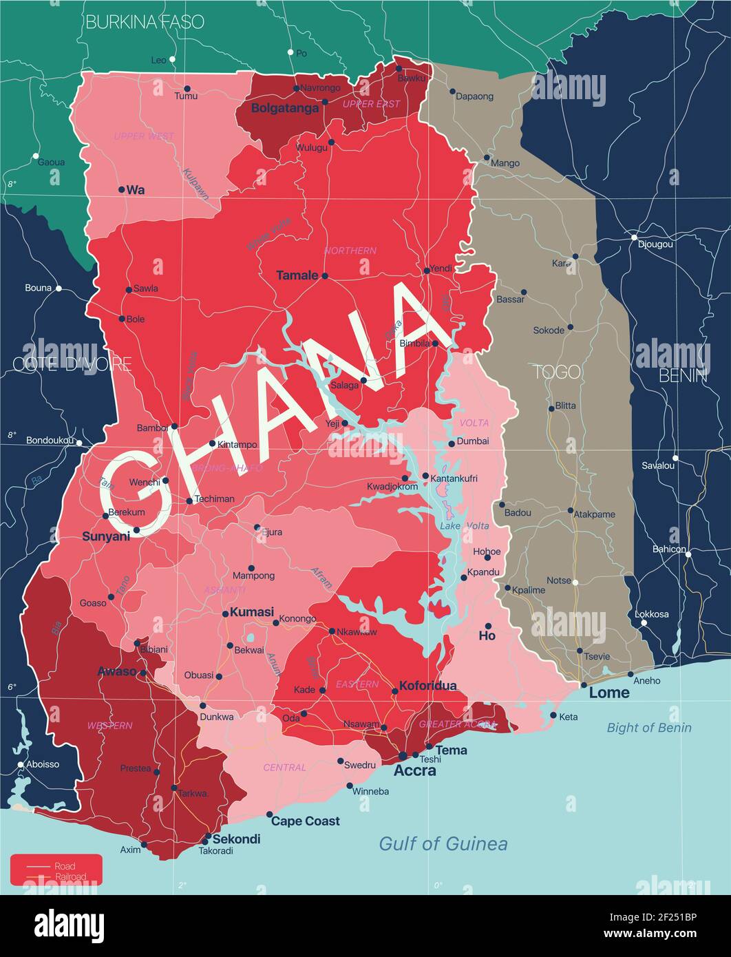 Ghana country detailed editable map with regions cities and towns ...