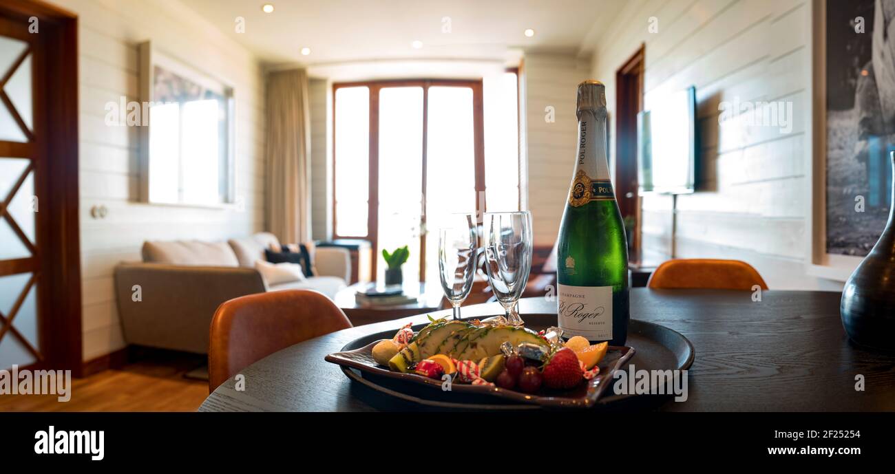 Luxury service at hotel with Ocean view inside hotel room Stock Photo ...