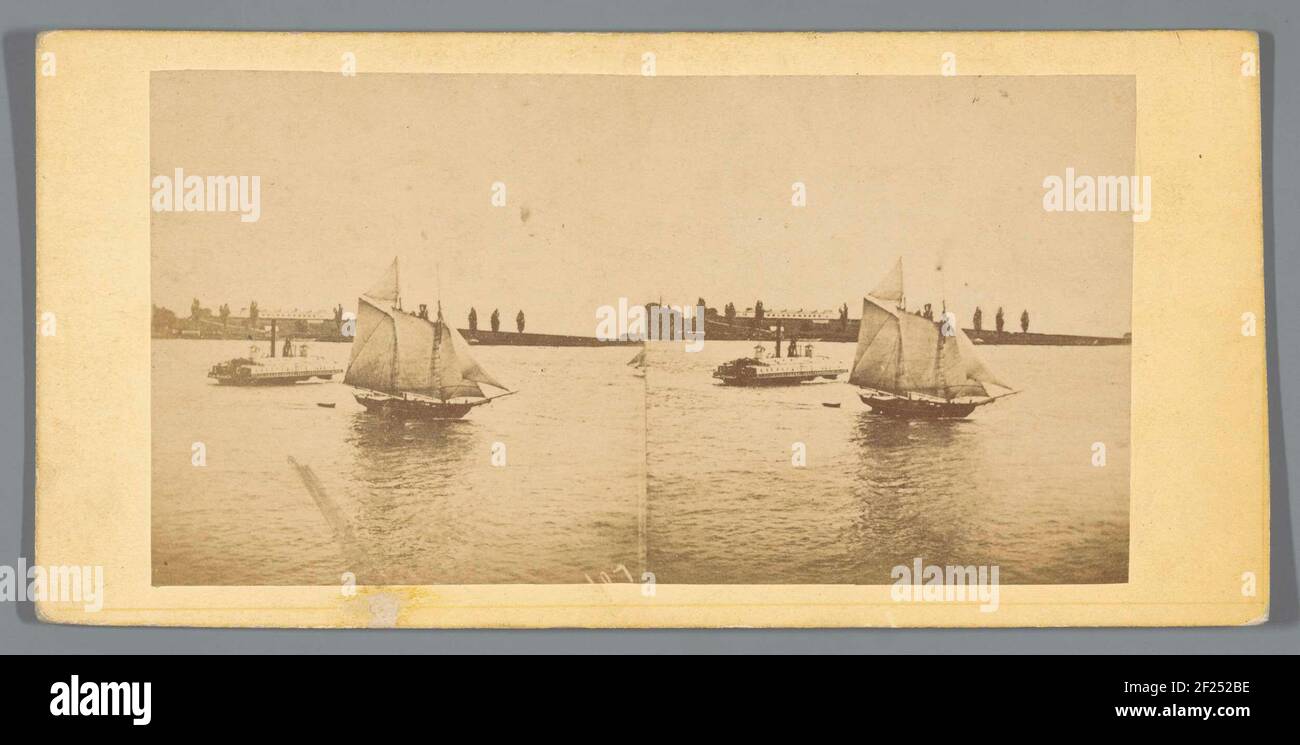 Sailing ship and ferry on wide water Stock Photo - Alamy