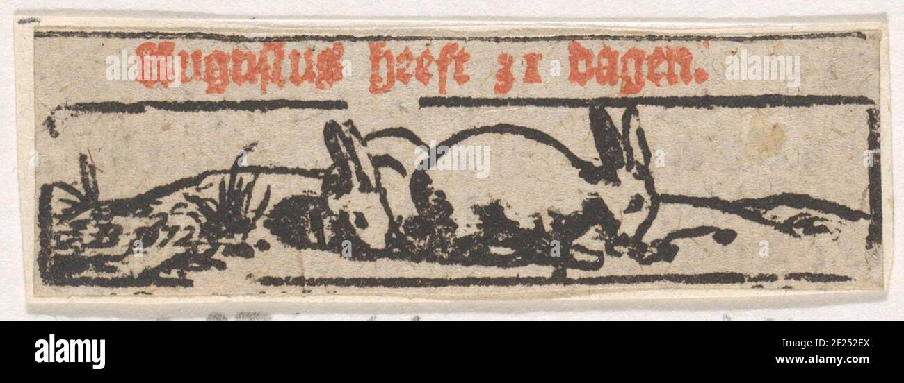 August; Months of the year.two rabbits. A line of dutch text in the ...