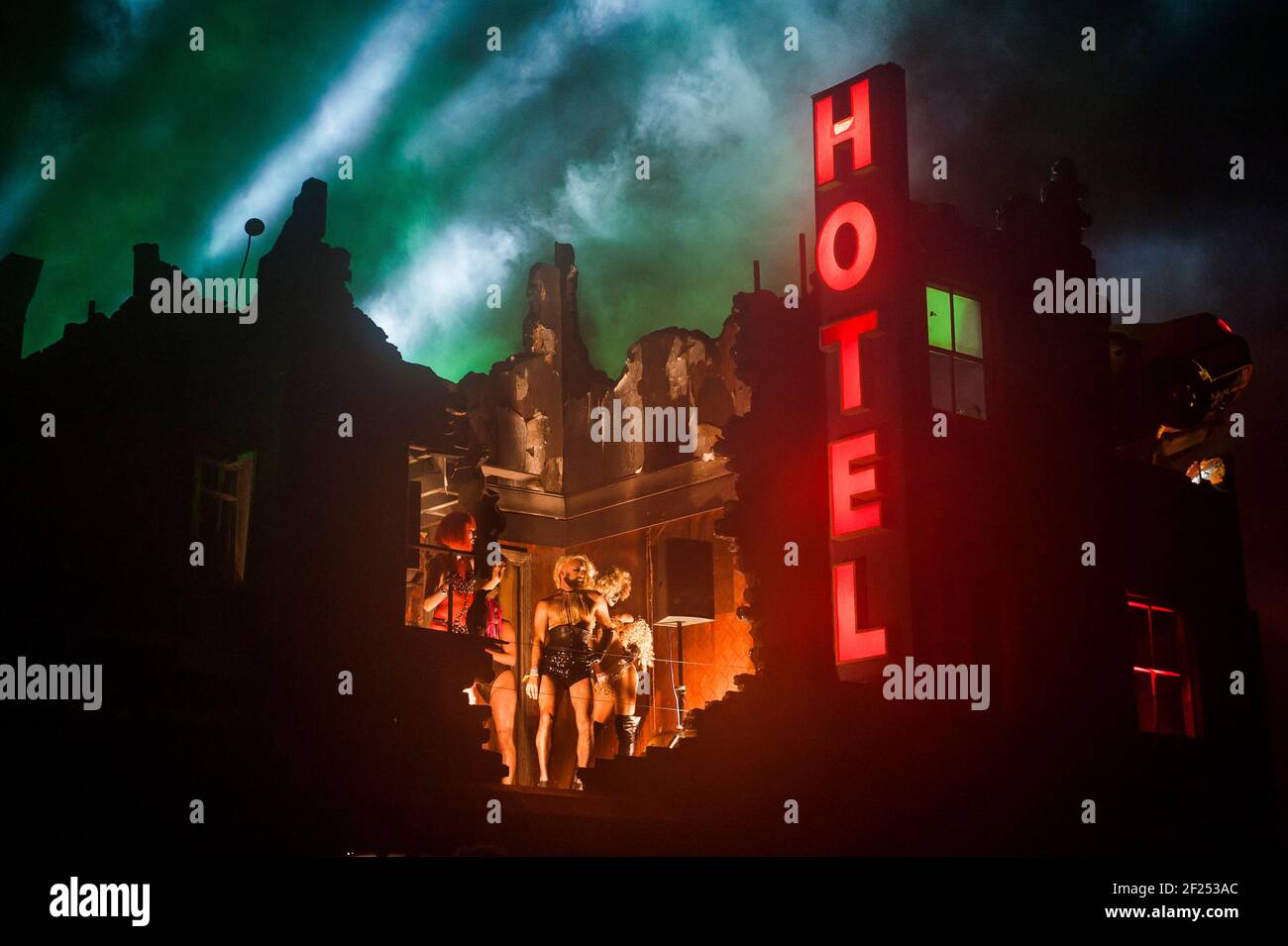 General view of the Block 9 area hotel at Glastonbury 2105, Worthy Farm ...