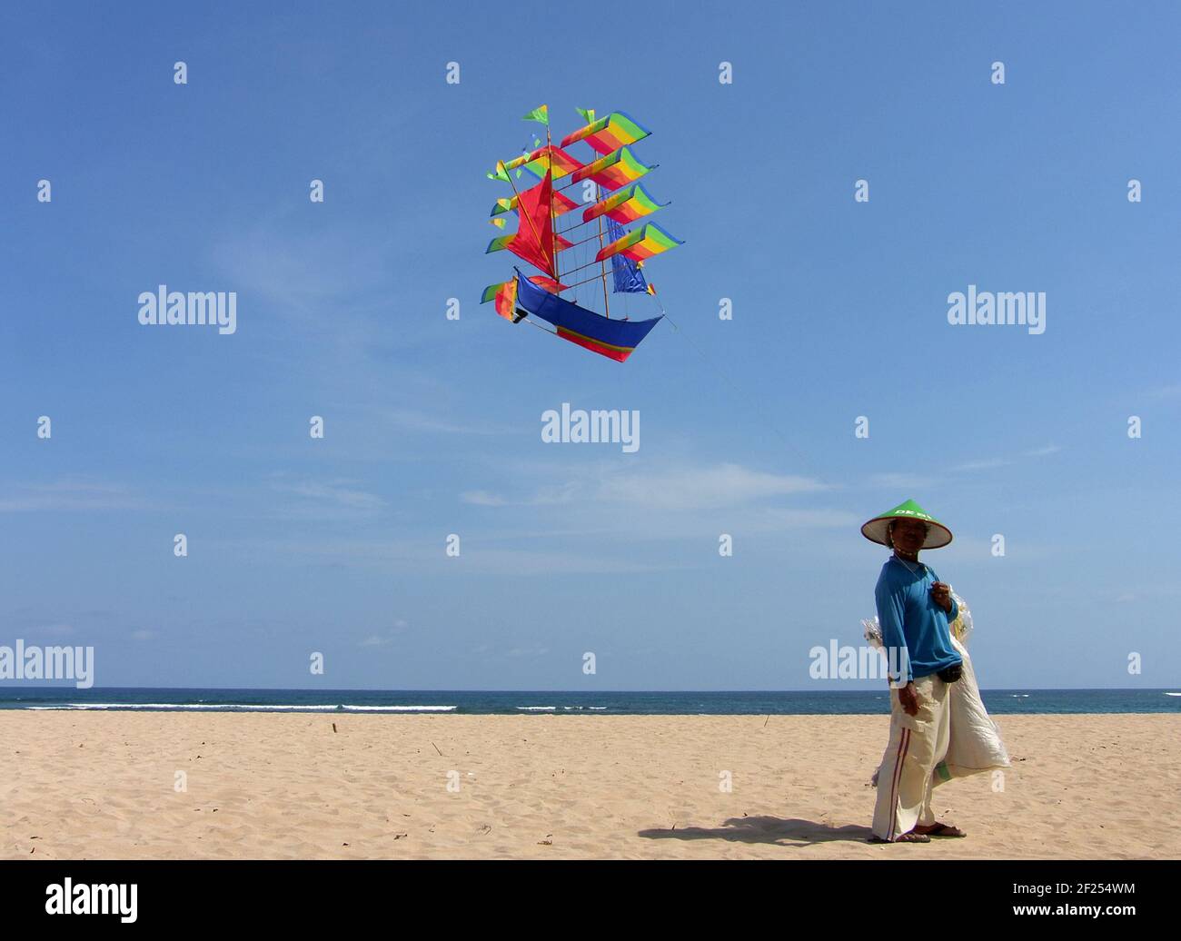 Island Bali, kite in the form of a sailing vessel with the big red ...