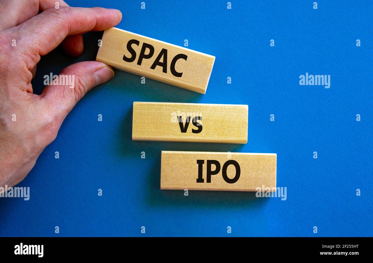 SPAC vs IPO symbol. Blocks with words 'SPAC, special purpose acquisition company' and 'IPO ...