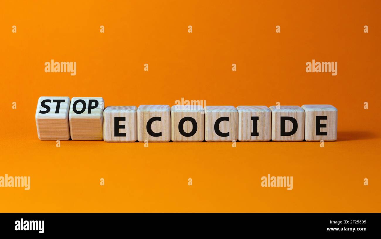 Stop ecocide symbol. Turned wooden cubes with words stop ecocide ...
