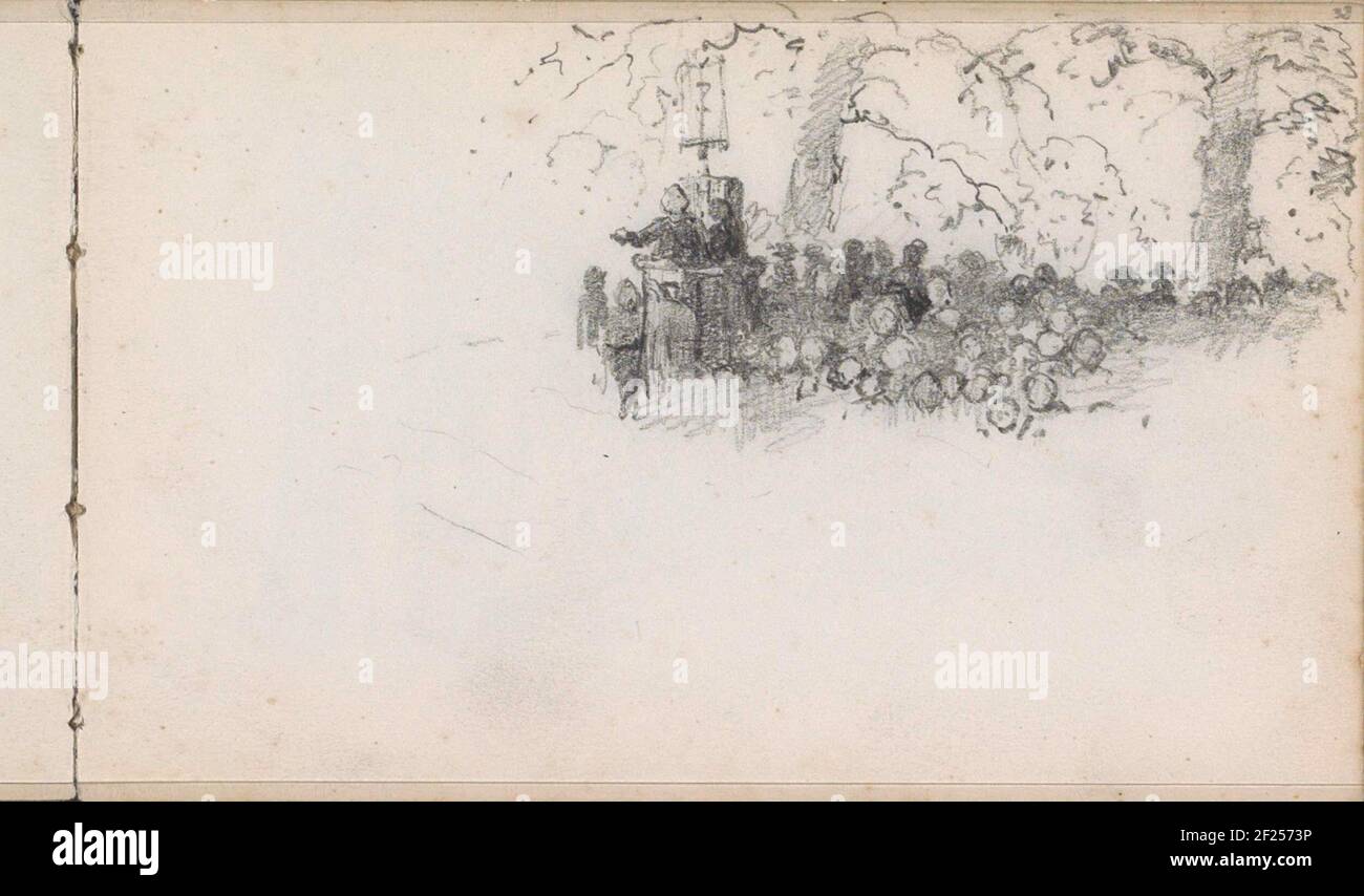 Collection of figures under a group of trees. Possibly One Figure is on ...