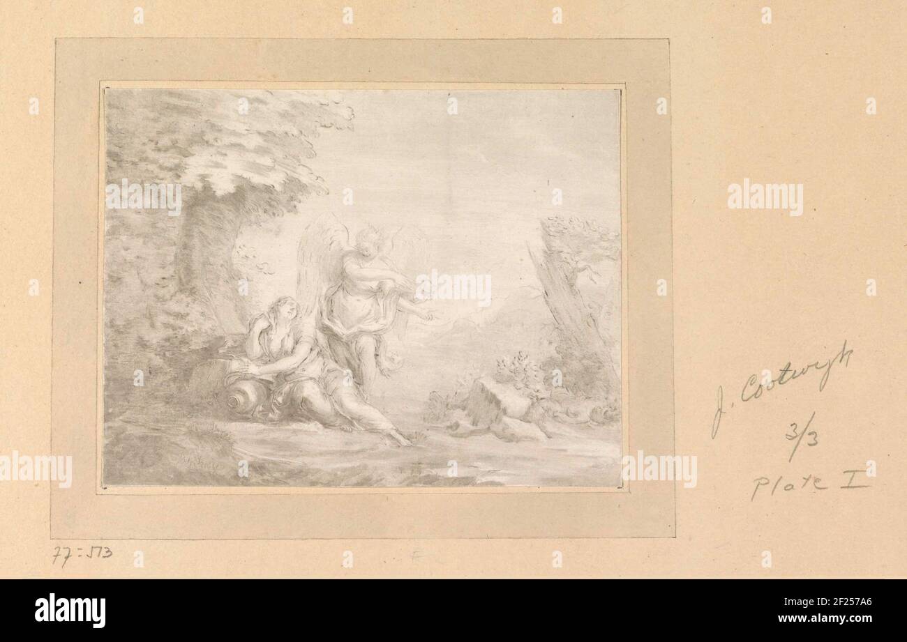 Hagar in de woestijn.Hagar is on the floor in a mountainous landscape ...