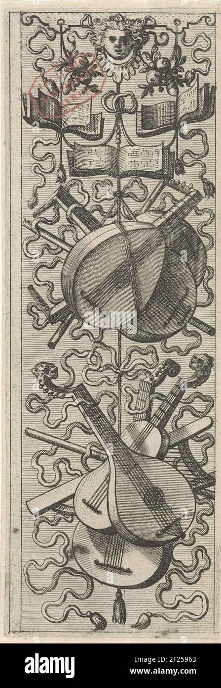 Three music books and string instruments. From series, consisting of a ...