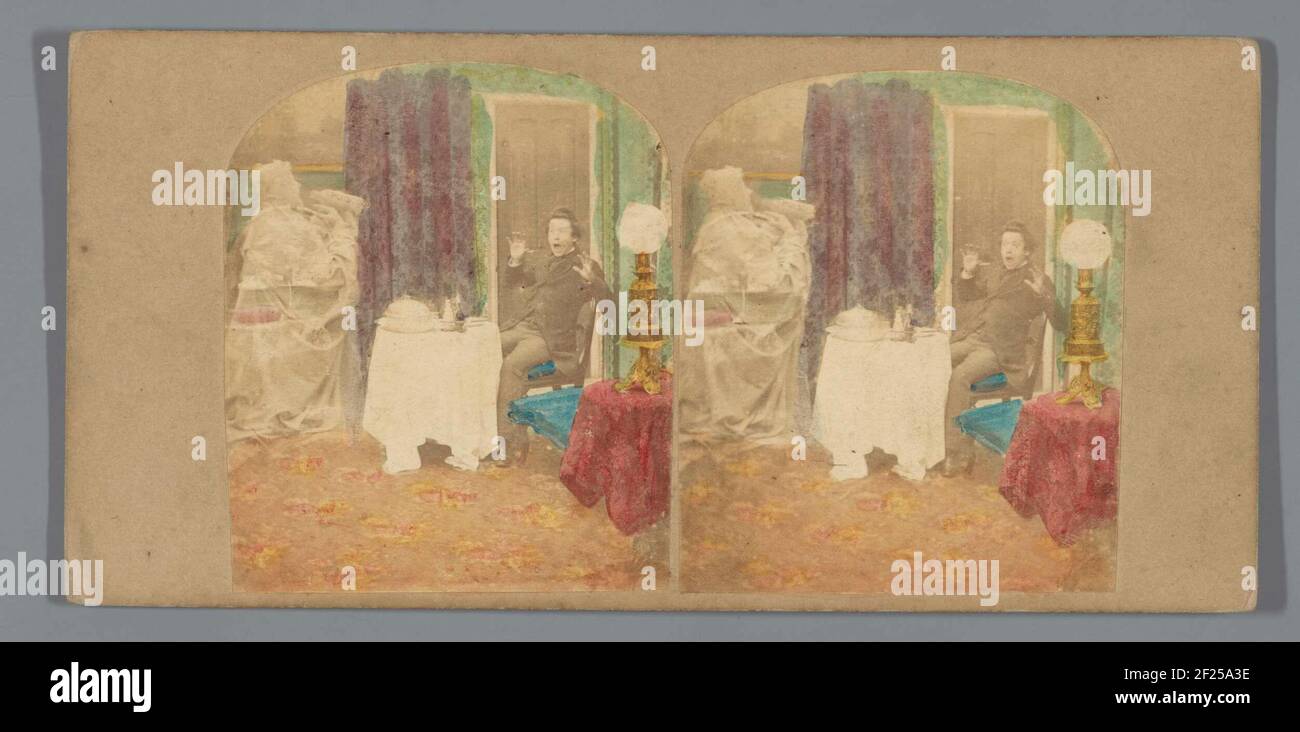 Scene in living room: man is shocked by ghost laying Stock Photo - Alamy