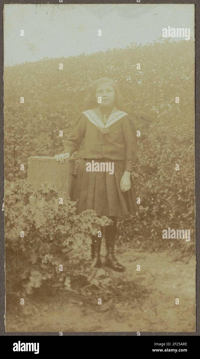 Portrait of a young girl in a dress, standing between bushes.part or ...