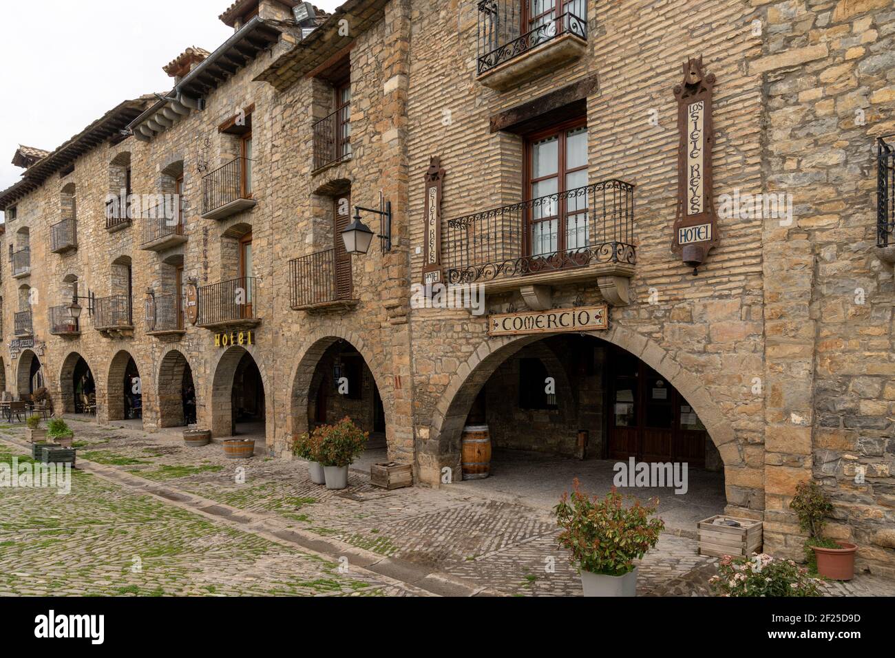 Ainsa, Spain - 6 March, 2021: A view of the Plaza Mayor town square in ...