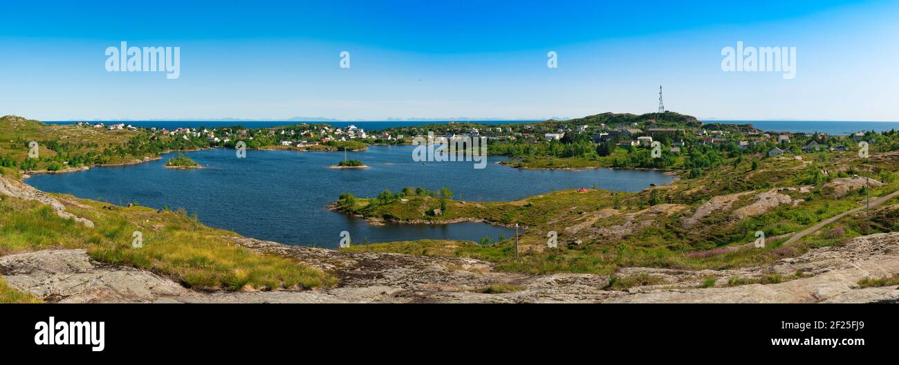 Wide panoramic view of the lake Sorvagvatnet and fishing town Sorvagen ...