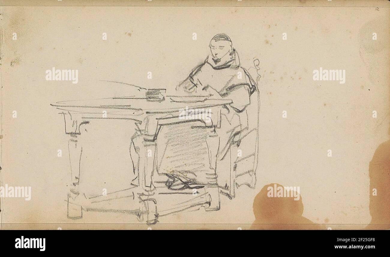 Monk sitting behind a square table.There is a plate and come on the ...