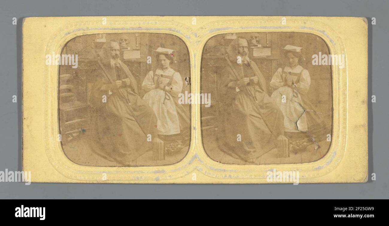 Scene in room: man in cloak and girl in traditional costume pray the ...