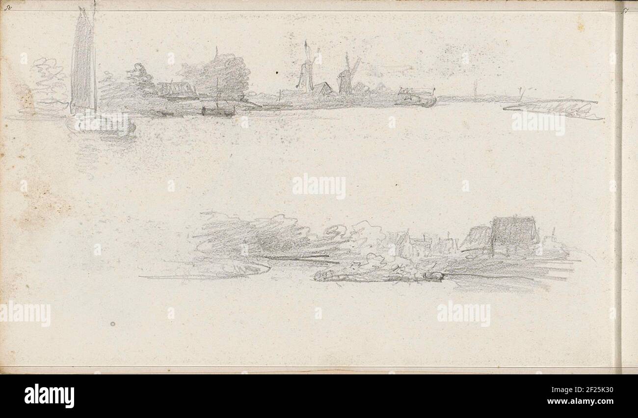 River face with mills and ships.page 50 from a sketchbook with 80 pages ...