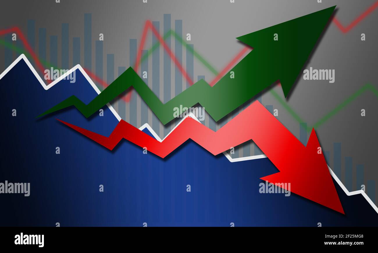 The economic growth and decline concept showed by arrows on a blue line ...