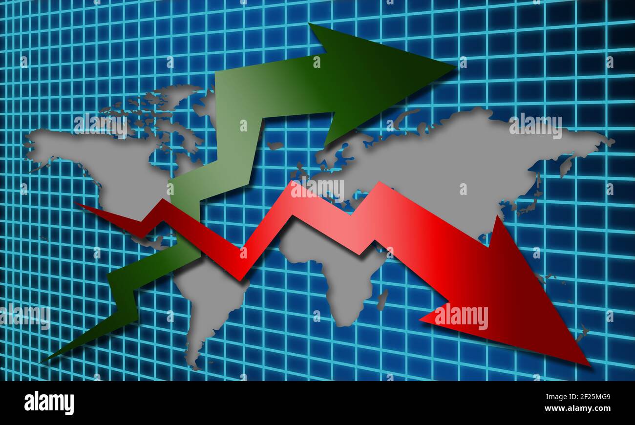 The economic growth and decline concept showed by arrows on a world map ...