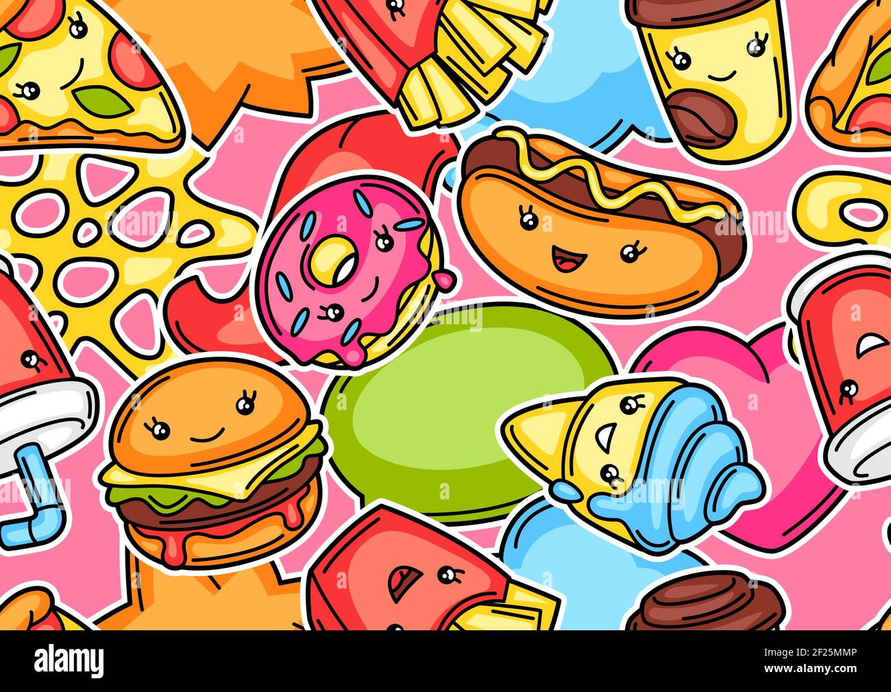 Seamless pattern with cute kawaii fast food meal Stock Vector Image ...