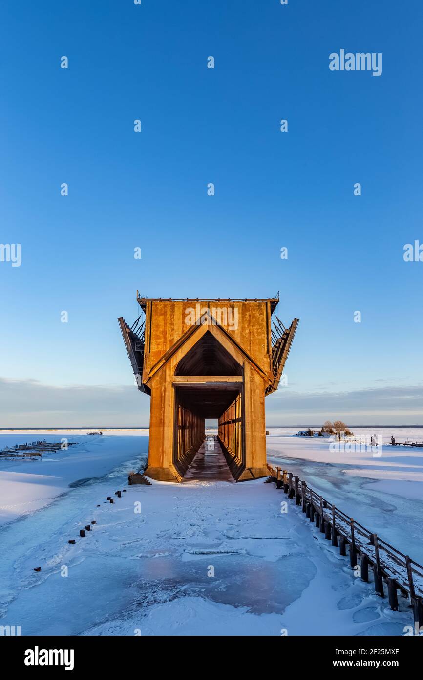 Lower Harbor Ore Dock, abandoned in 1971, in February in Marquette ...