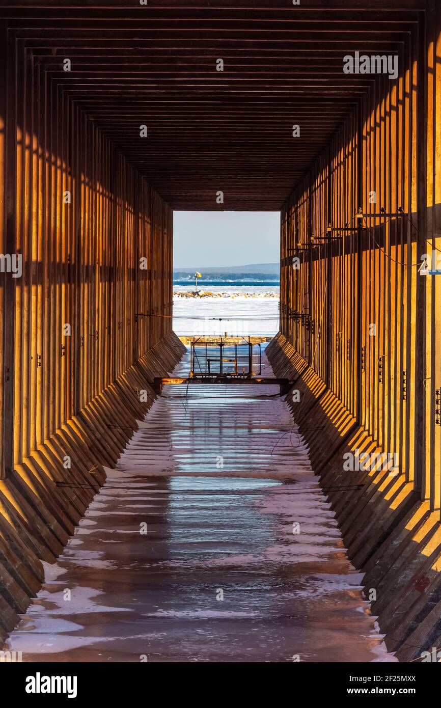 Lower Harbor Ore Dock, abandoned in 1971, in February in Marquette ...