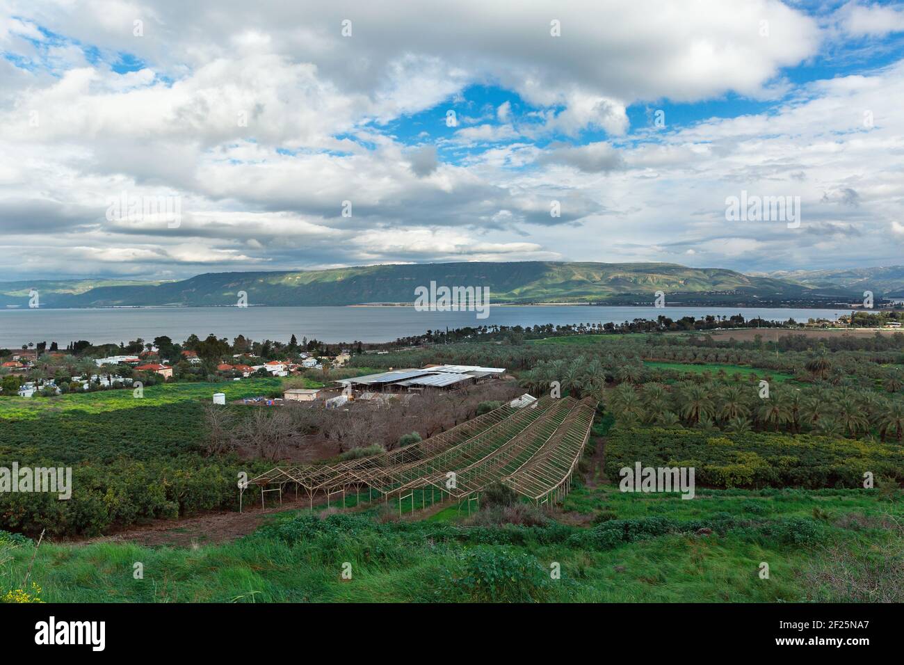 Panorama of the Kinneret lake on the background of beautiful clouds in ...