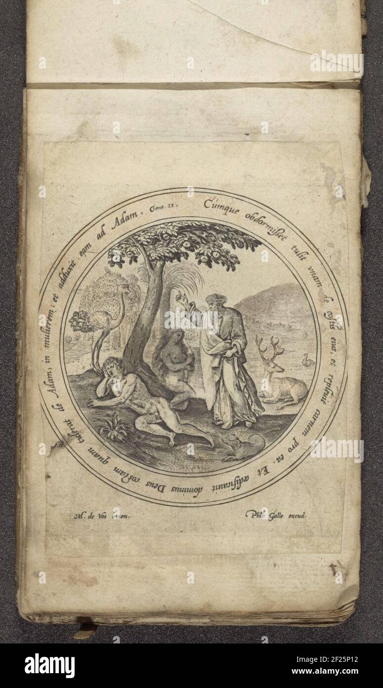 Schepping van Eva; Geschiedenis van Adam en Eva.God makes Adam fall ...