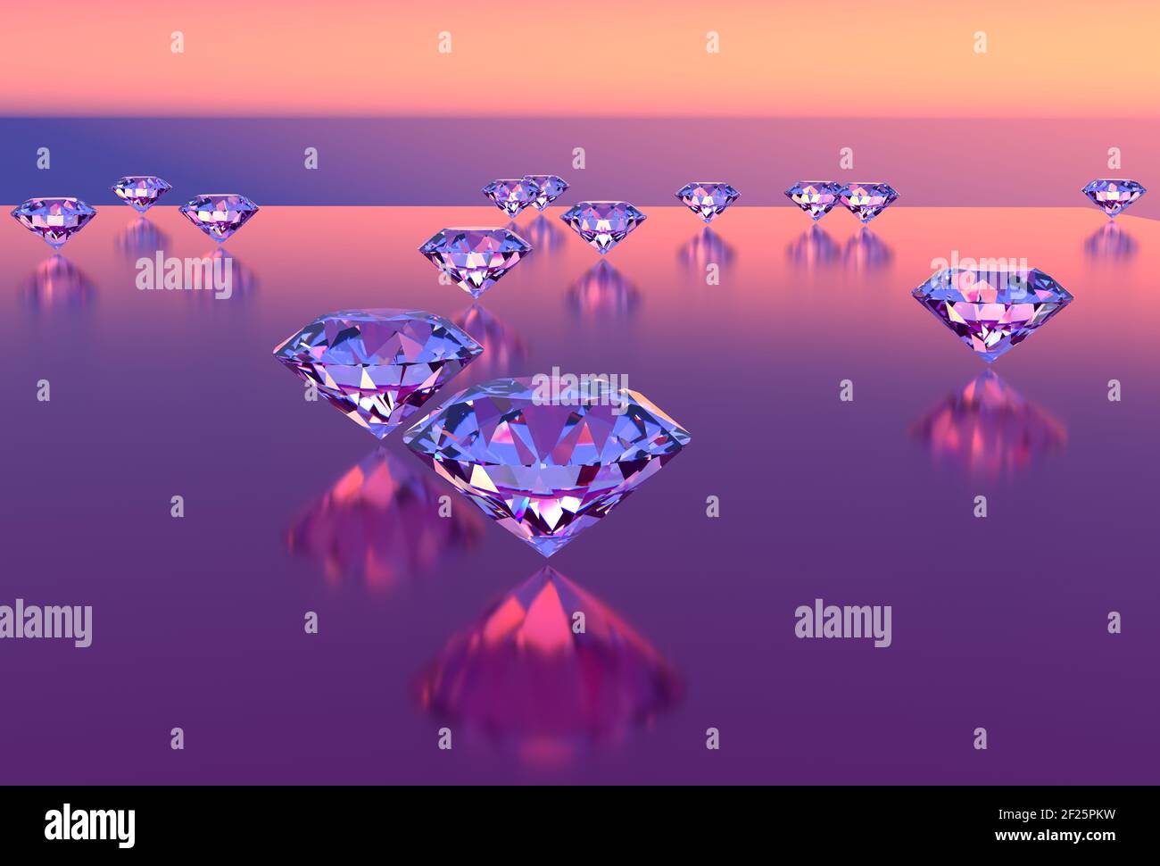 Set of diamonds on flat surface, sunset lighting, 3D rendering Stock ...