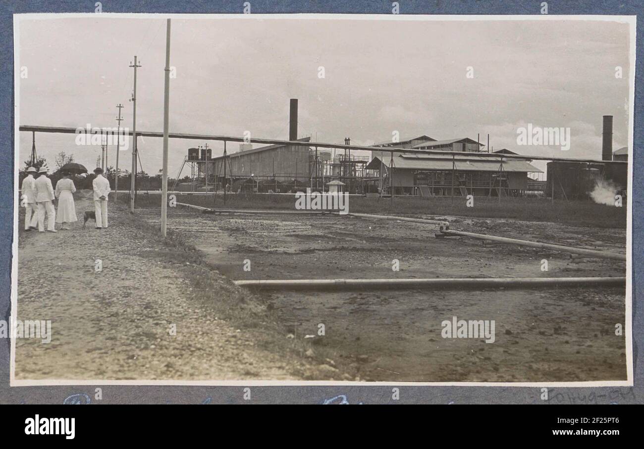 Group of men and women at a factory complex for oil extraction in ...