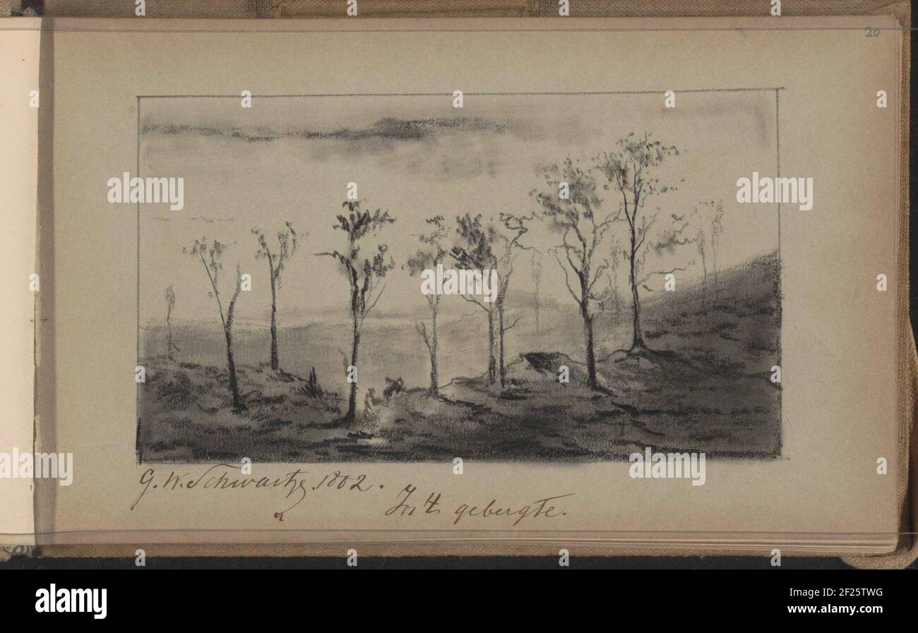Mountain landscape with trees; In 'ty mount .. Drawing in a frame. Leaf ...