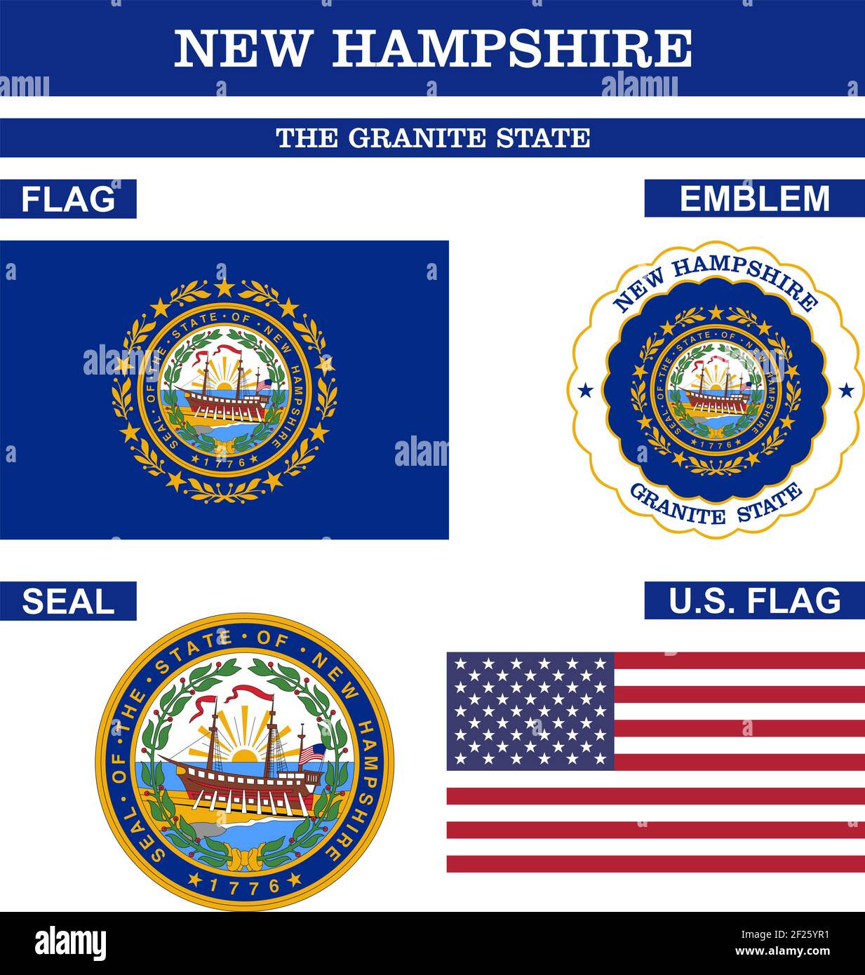 New Hampshire Symbol collection with flag, seal, US flag and emblem as ...