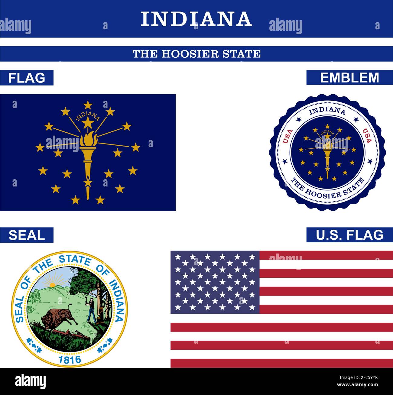 Indiana Symbol collection with flag, seal, US flag and emblem as vector ...