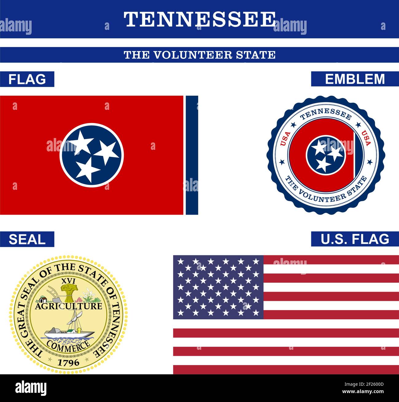 Tennessee Symbol collection with flag, seal, US flag and emblem as ...