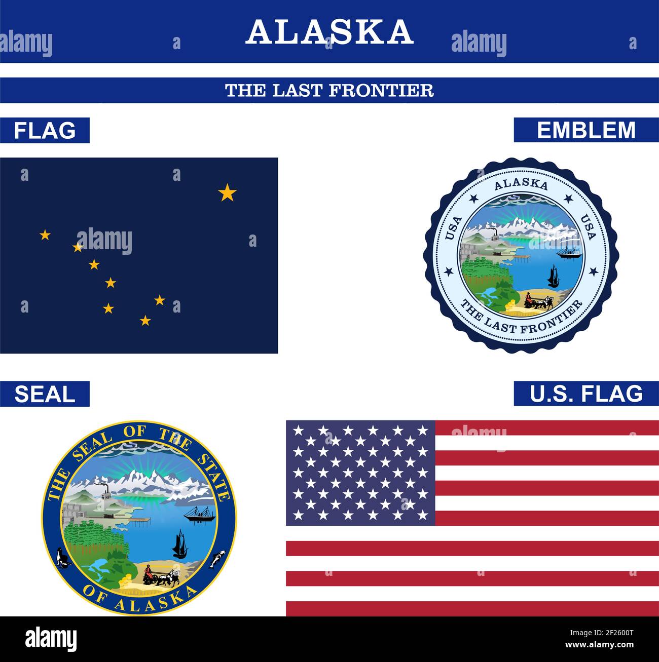 Alaska Symbol collection with flag, seal, US flag and emblem as vector ...
