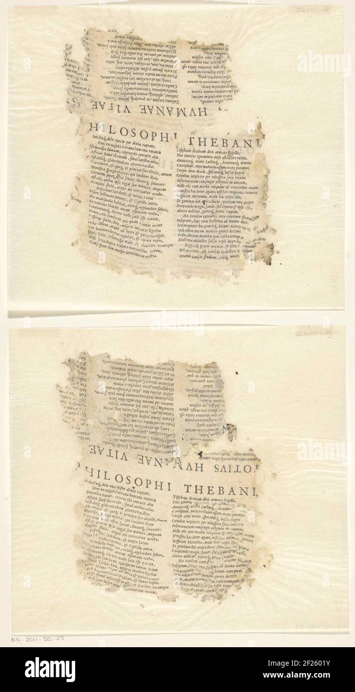 Two fragments of text at a Cebes scene print; Tabula Cebetis Carta Vitae.a Latin Text was added ...