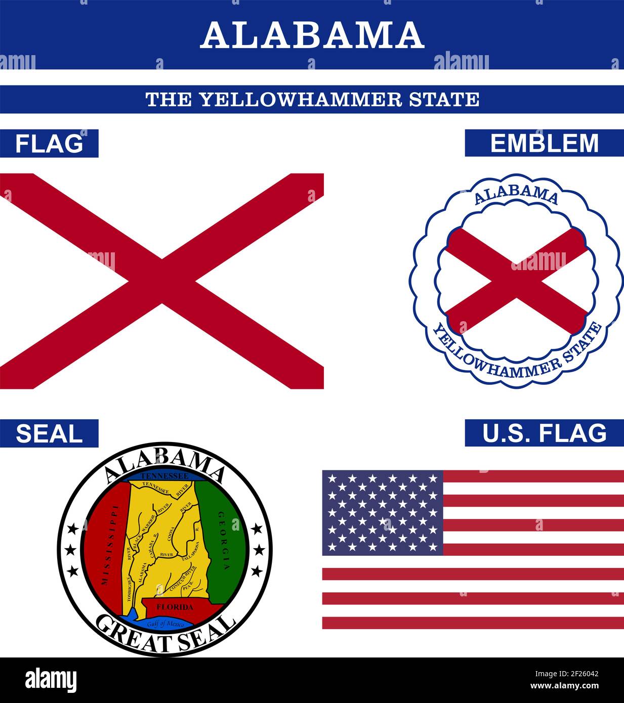 Alabama Symbol collection with flag, seal, US flag and emblem as vector ...